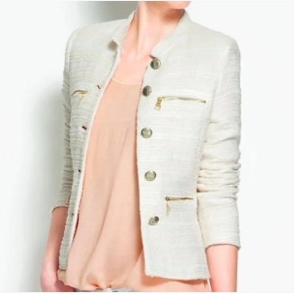 Zara | Jackets & Coats | Nwt Zara Ivory Tweed Lady Jacket Blazer Size M ...